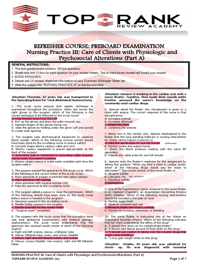 Refresher Course: Preboard Examination Nursing Practice III: Care of Clients With Physiologic ...