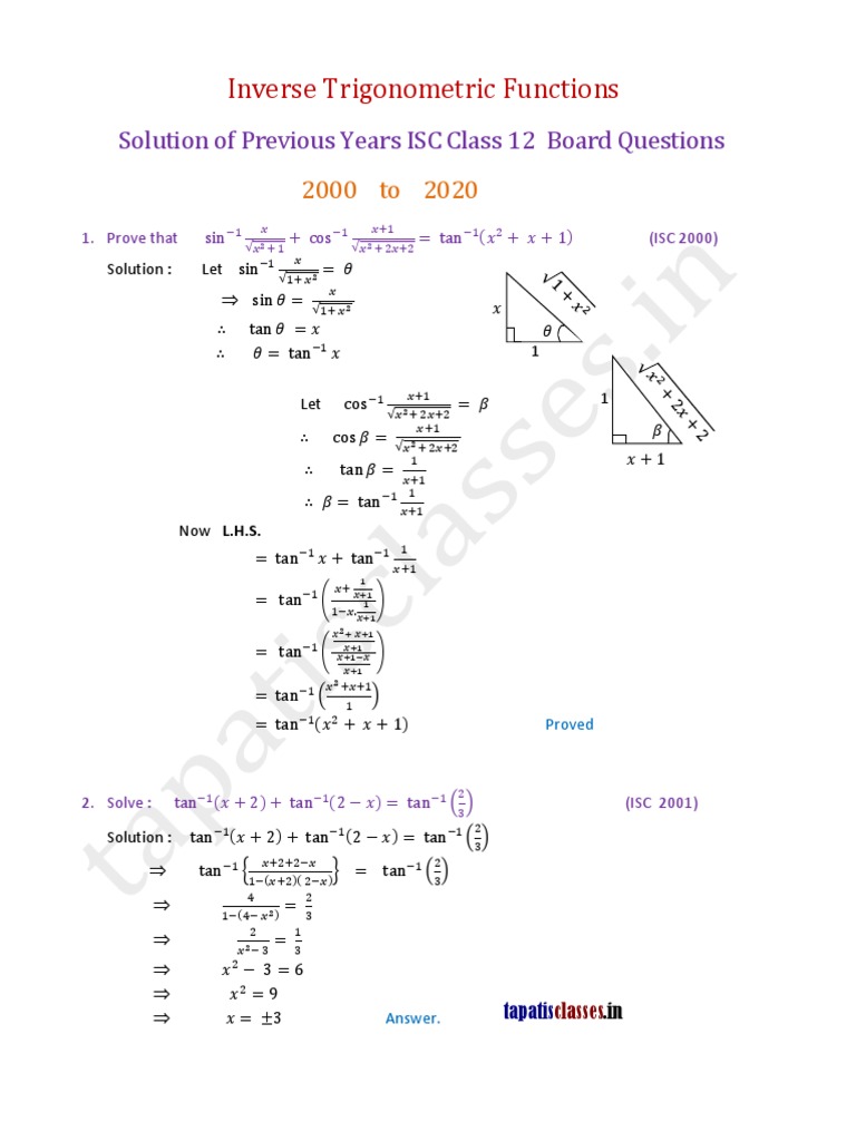 ISC Class 12 Inverse Trigonometry Solutions | PDF