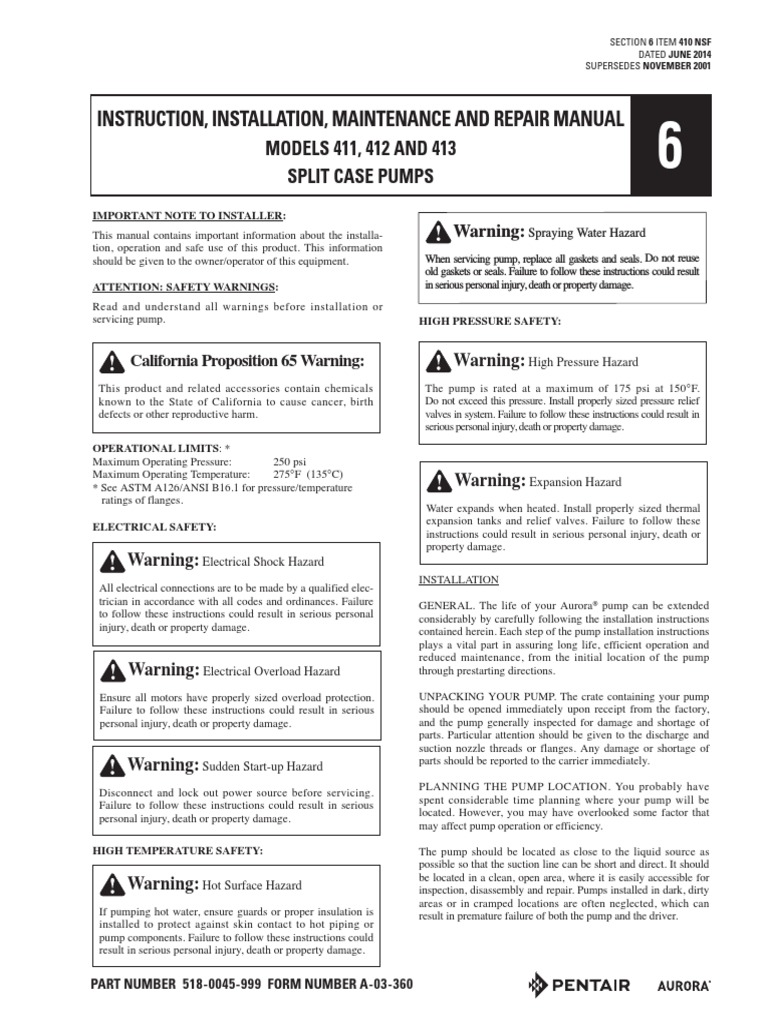 Instruction, Installation, Maintenance and Repair Manual: MODELS 411, 412 AND 413 Split Case ...