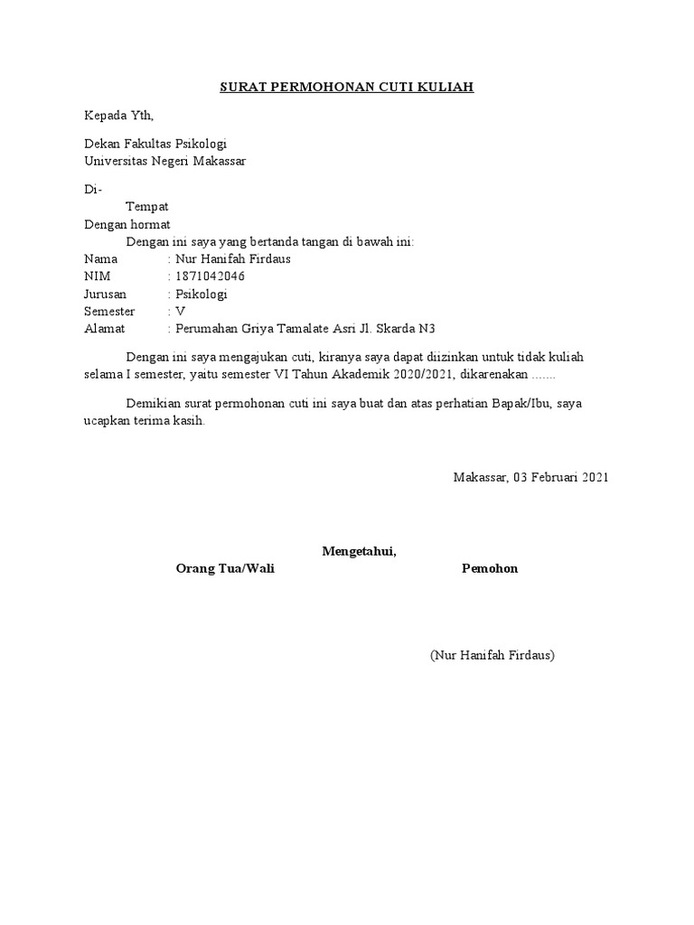 Surat Permohonan Cuti Kuliah | PDF