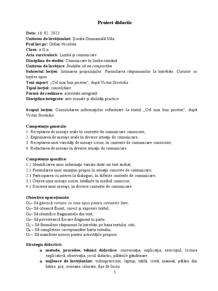 Cel Mai Bun Prieten Proiect Didactic Consolidare | PDF