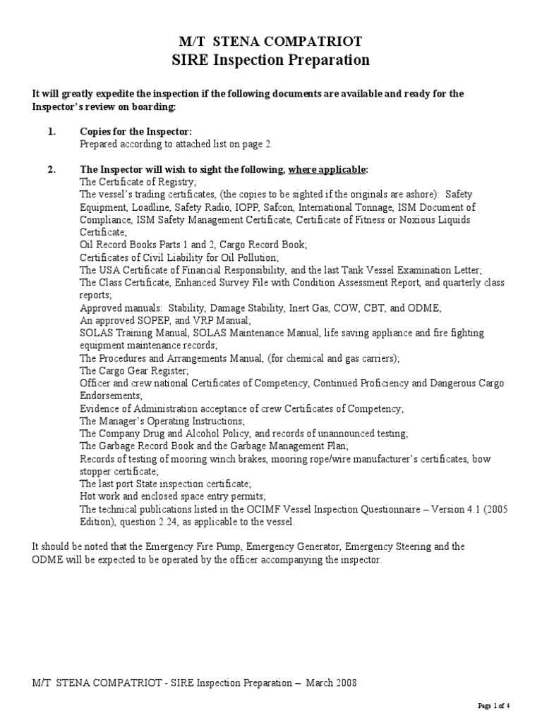Sire Inspection Preparation | PDF | Oil Tanker | Ships