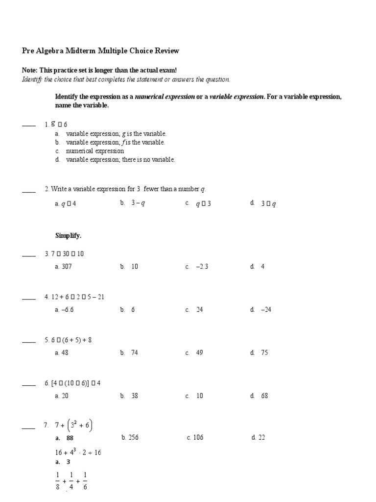 Pre Algebra Multiple Choice | PDF | Area | Rectangle