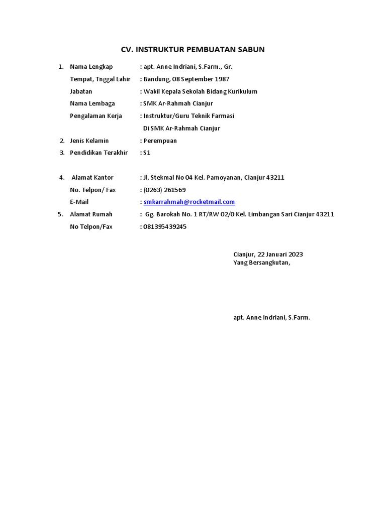 CV INSTRUKTUR PEMBUATAN SABUN - Anne | PDF