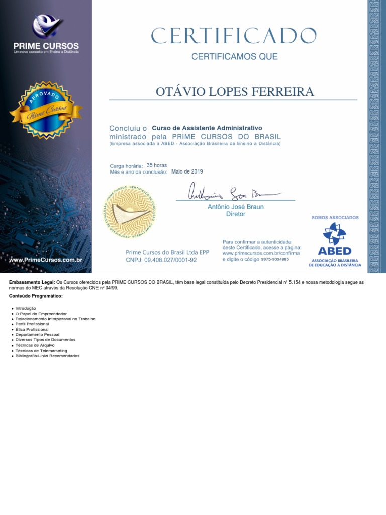 Certificado Assistente Administrativo | PDF