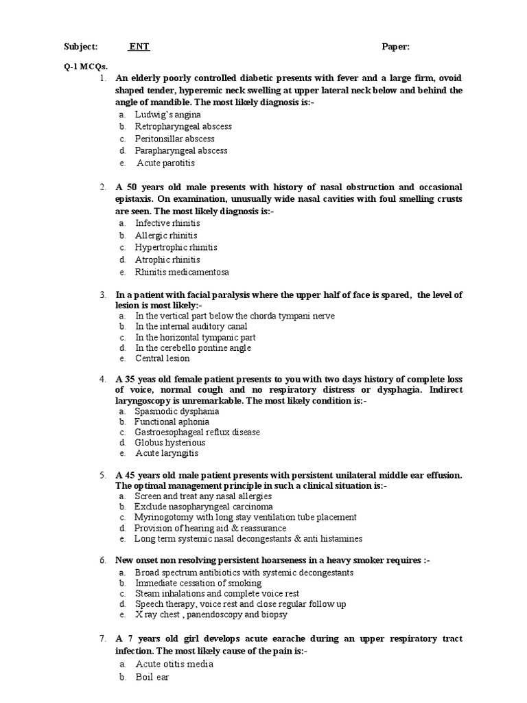 ENT Practice MCQs With Key 4th Year MBBS | PDF | Human Nose | Epidemiology