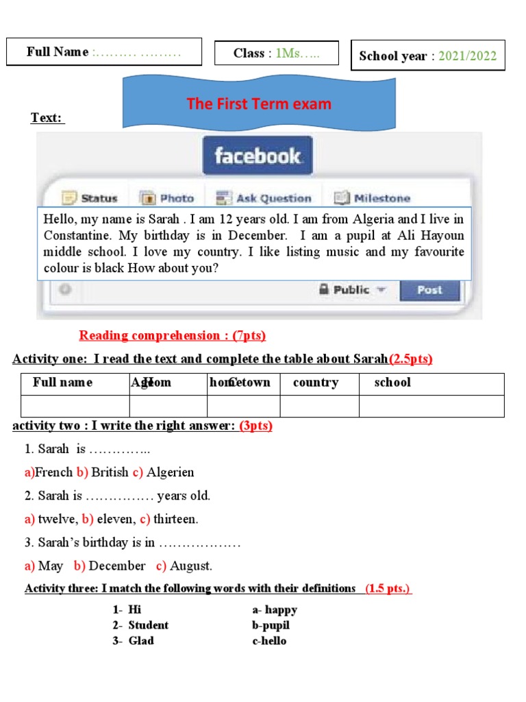 1ms Exam First Term | PDF | Typography | Text