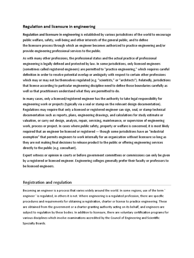 Engineering Licensure and Regulation Overview | PDF | Engineer ...