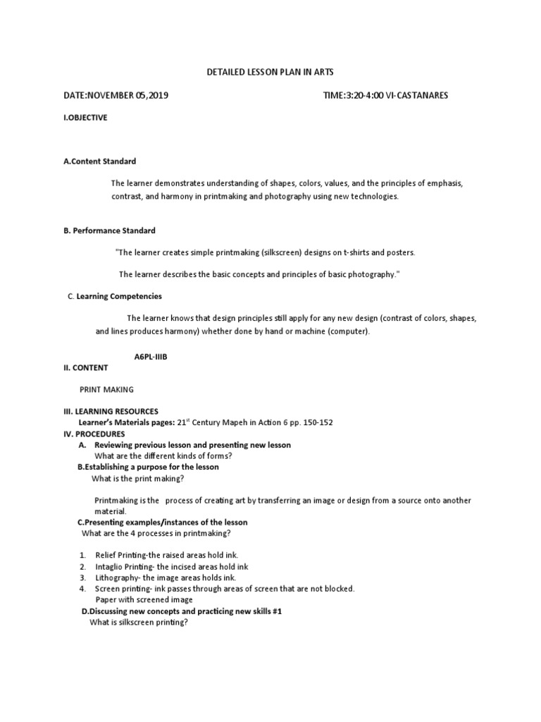 Detailed Lesson Plan in Arts Nov 5 | Download Free PDF | Printmaking ...