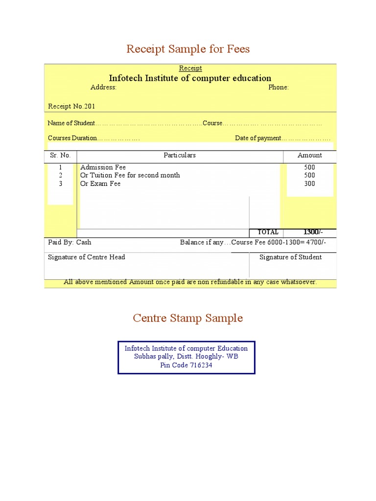 School Fee Receipt Sample Template | PDF