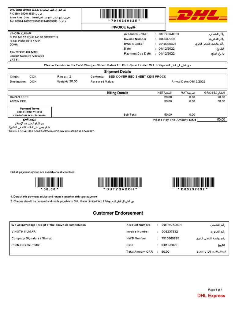 INVOICE : Customer Endorsement | PDF | Invoice | Payments
