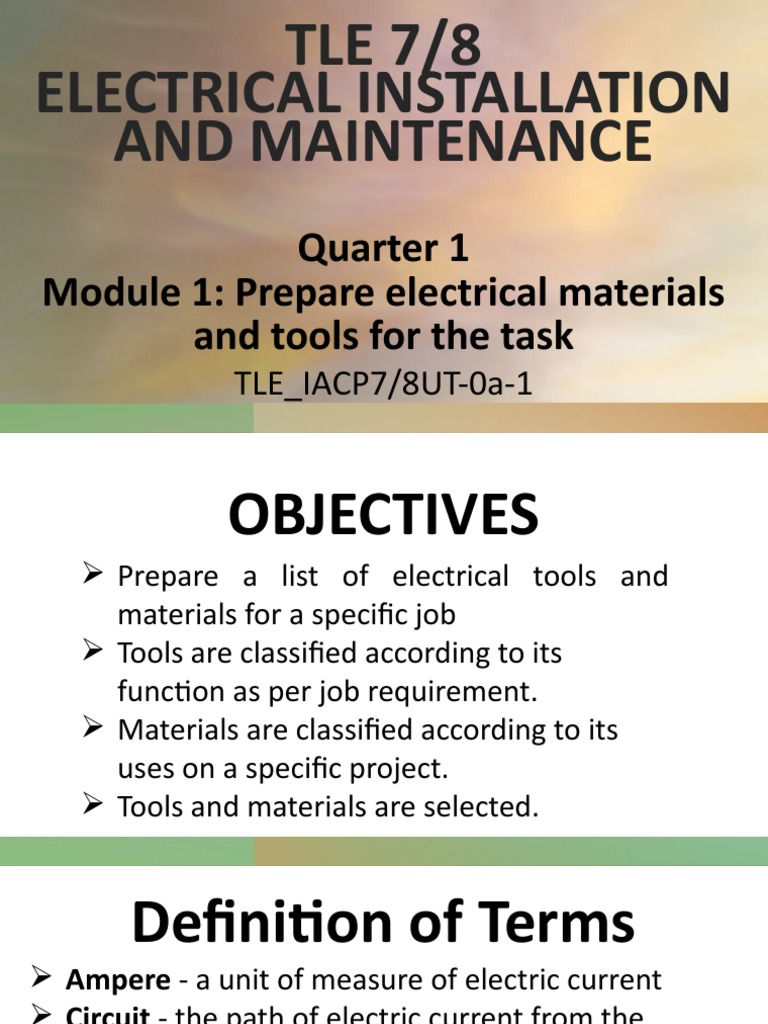 Quarter 1 Module 1: Prepare Electrical Materials and Tools For The Task ...