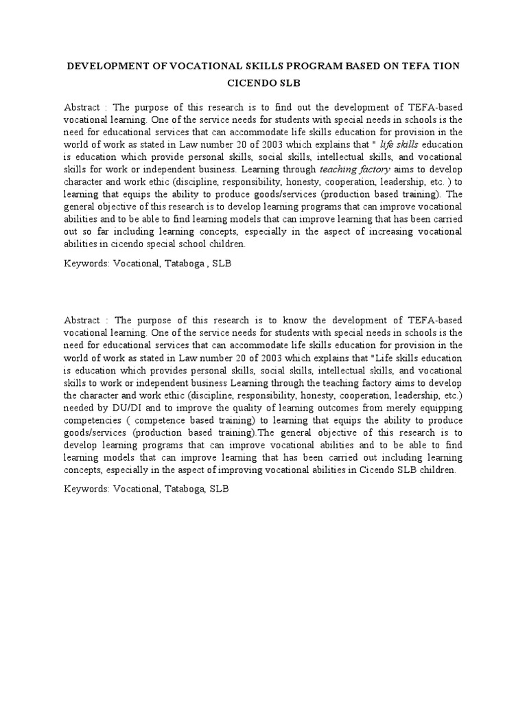 Pengembangan Program Keterampilan Vokasional Berbasic Tefa Si SLB Cicendo | PDF | Vocational ...