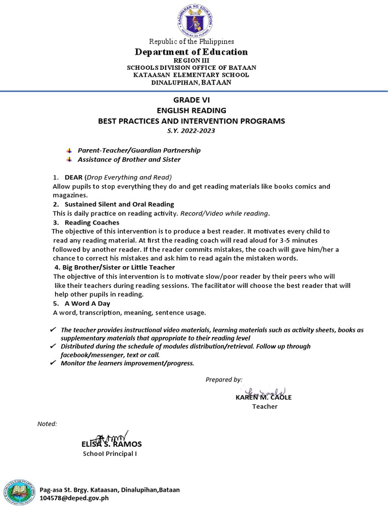 Grade 6 English Reading Interventions | PDF | Teachers | Learning Methods