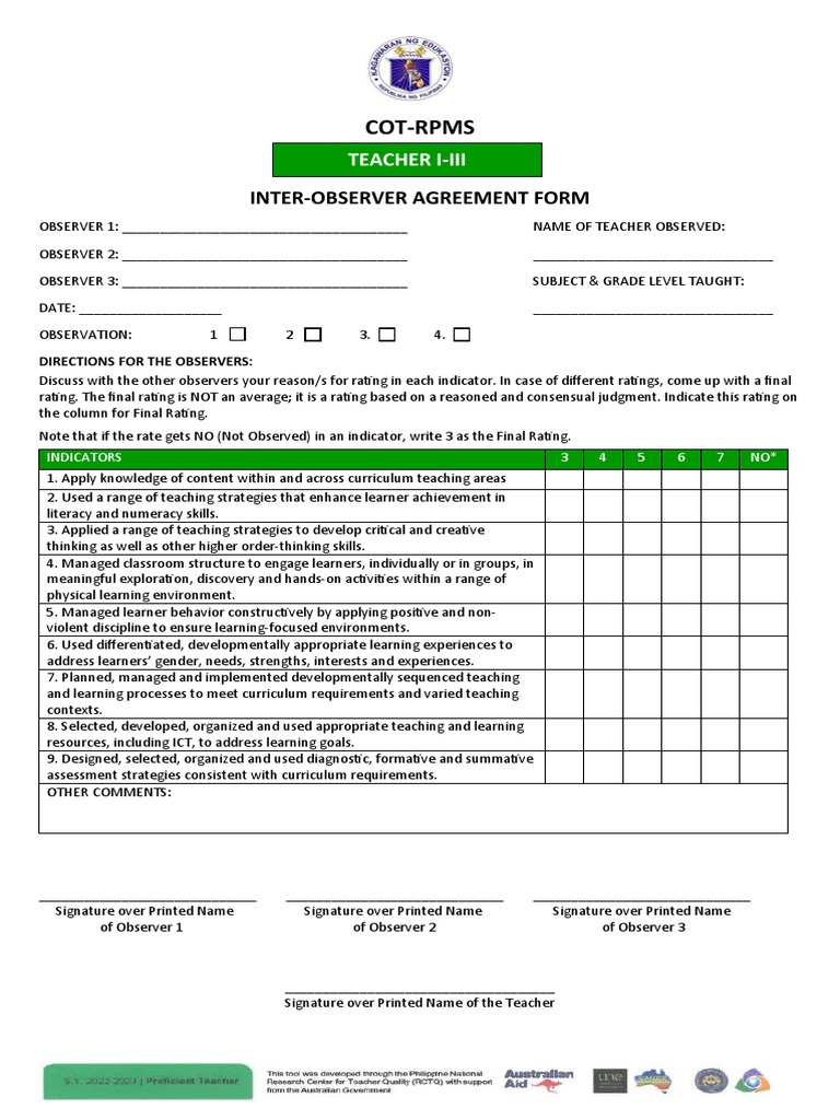 COT-RPMS Inter-Observer Agreement Form | PDF | Learning | Curriculum