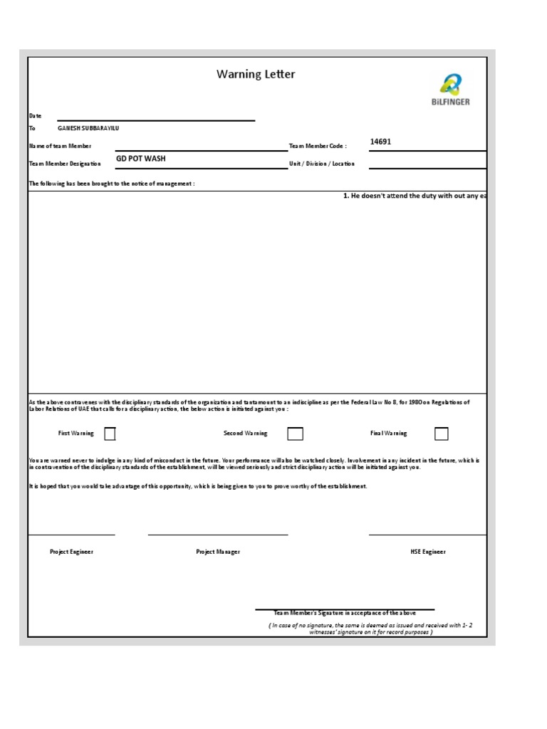 Warning Letter Template | PDF