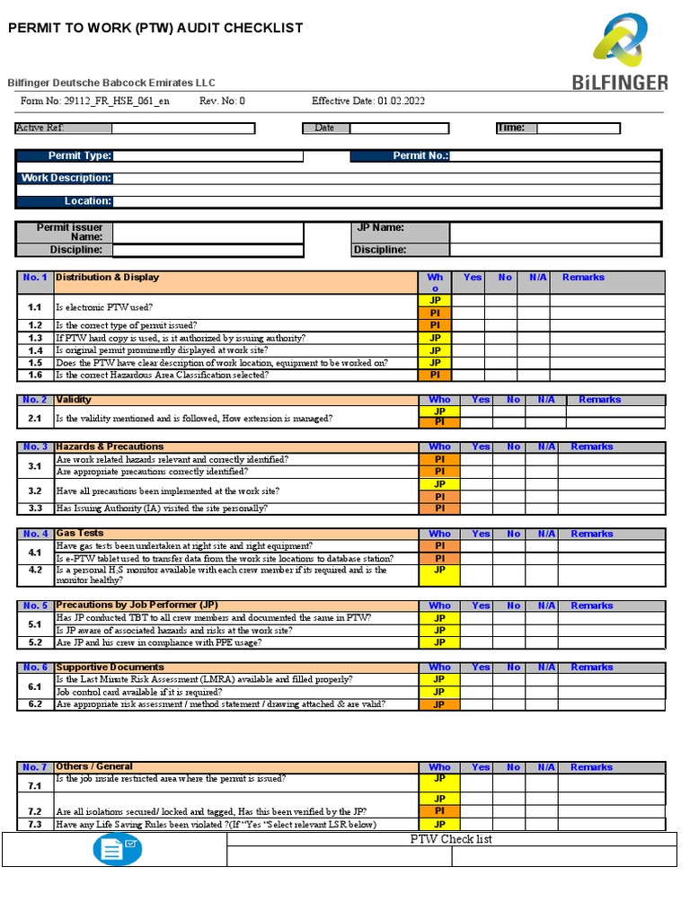 PTW Audit Checklist for Safety Compliance | PDF | Business ...
