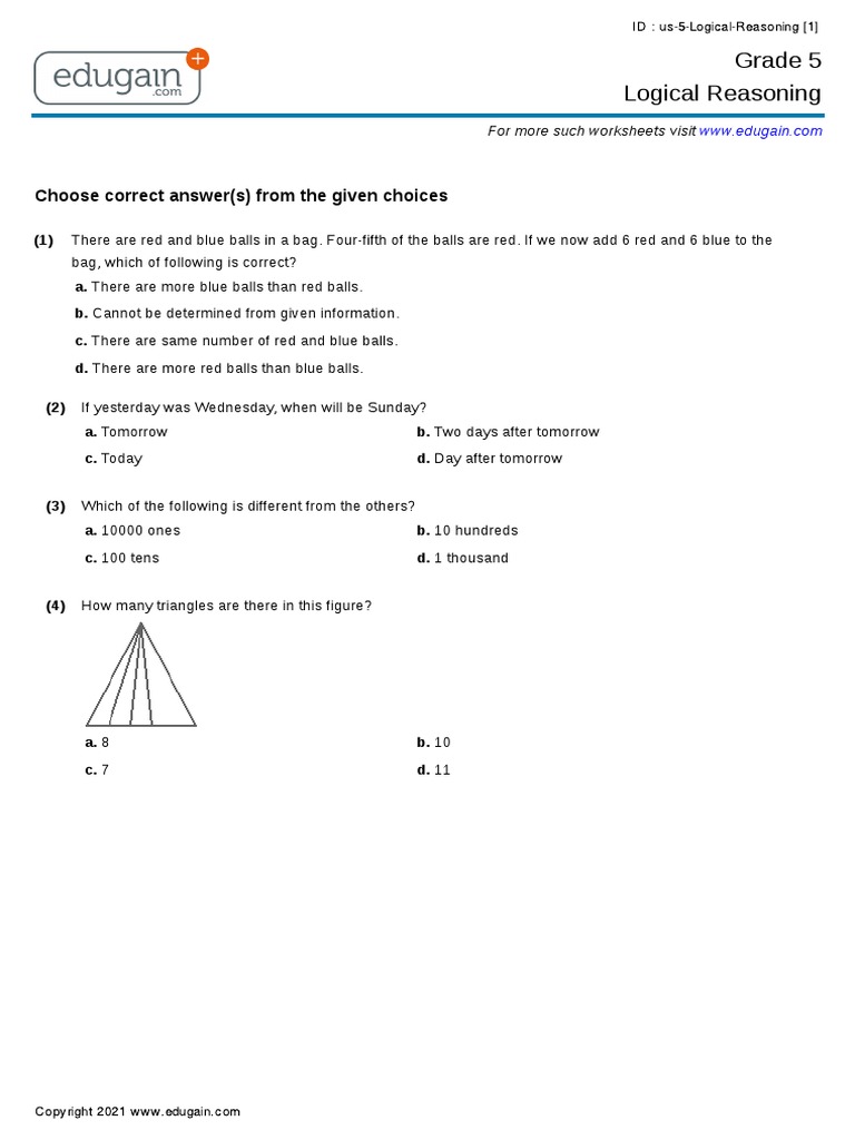 Grade 5 Logical Reasoning Us | PDF | Mathematics | Arithmetic