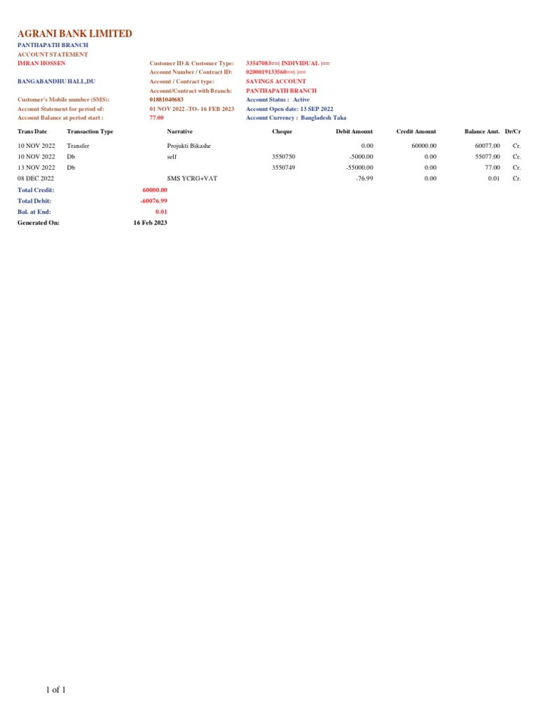 Agrani Bank Account Statement Summary | PDF