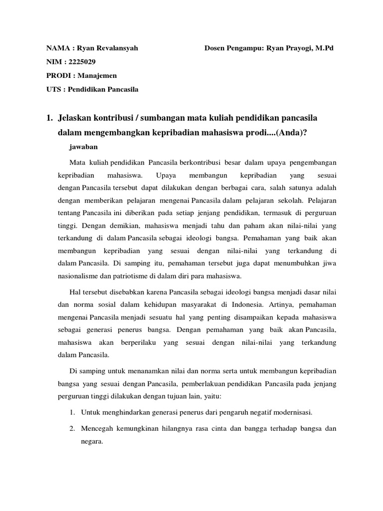 Uts Pancasila Ryan Revalansyah Nim 2225029 | PDF | Karier & Perkembangan