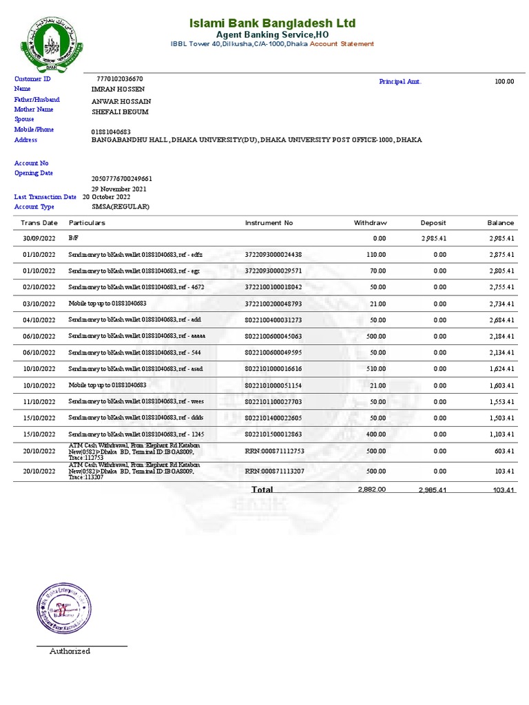 IBBL Account Statement for Imran Hossen | PDF | Banking Technology ...