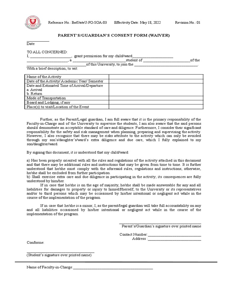 BatStateU FO SOA 03 - Parents Consent Form Waiver - Rev. 01 | PDF | Consent | Legal Guardian