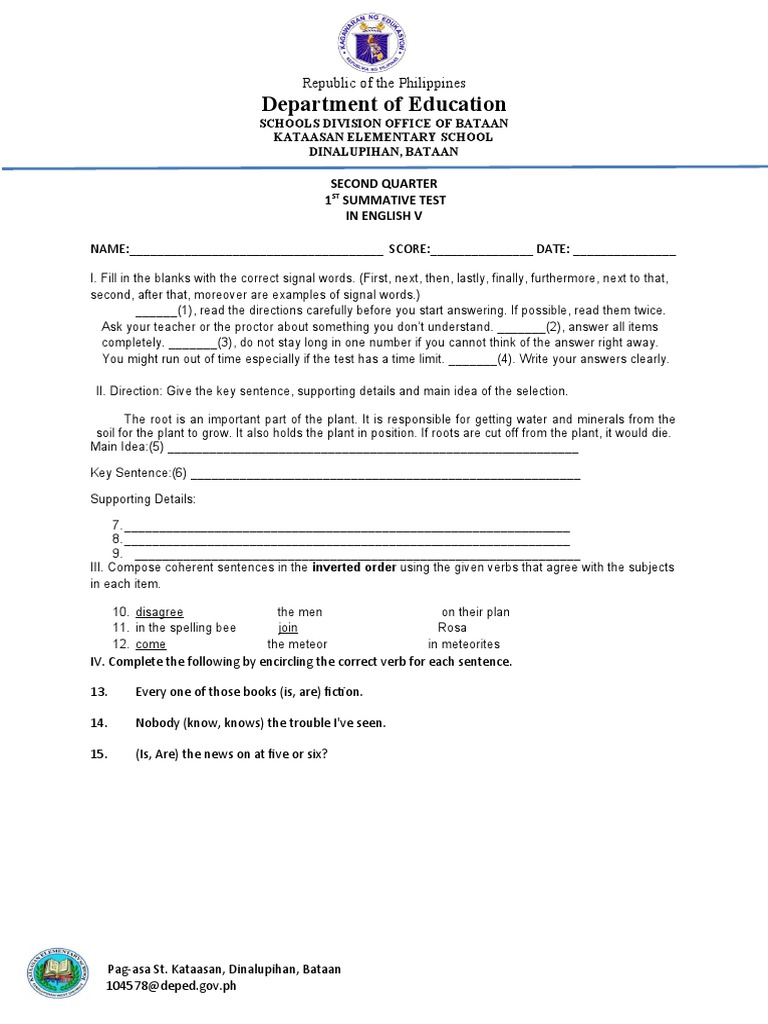 Analysis of a Grade 5 Summative Test in English, Science, Mathematics ...