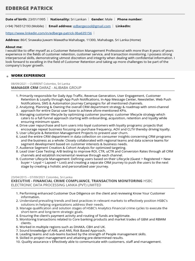 CV - Edberge Patrick | PDF | Customer Relationship Management | Hsbc