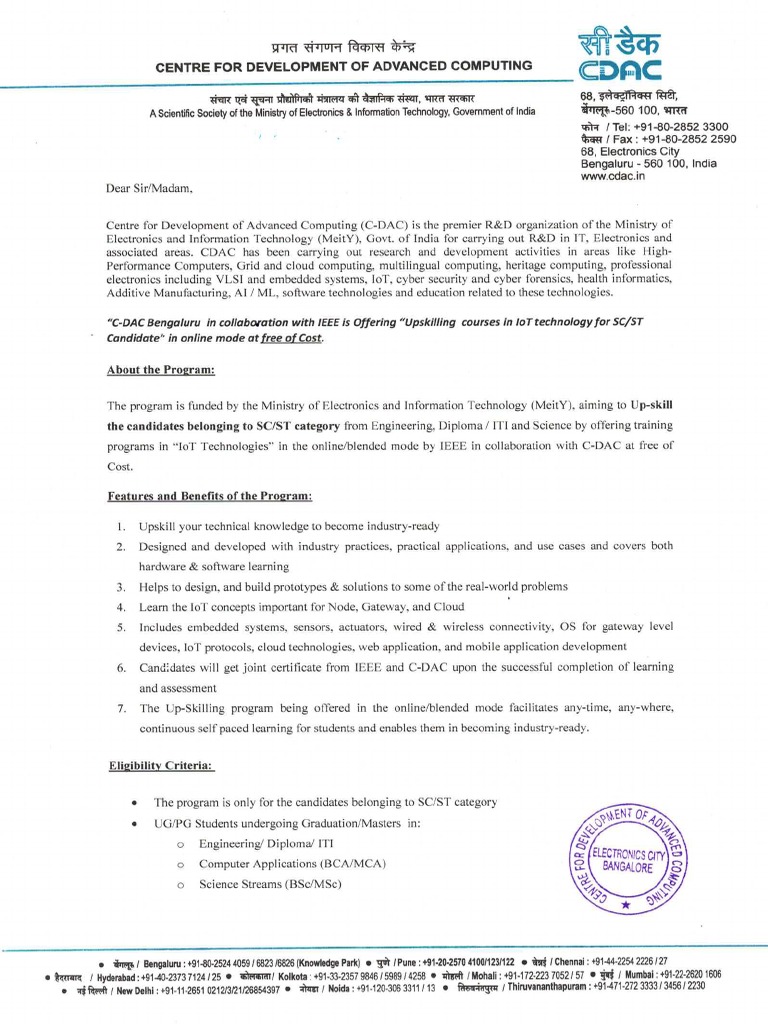 IoT Upskilling For SC ST Candidates - Collaboration Letter | PDF