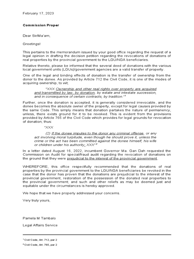 Legal Opinion on Revocation of Donations | PDF | Property | Justice