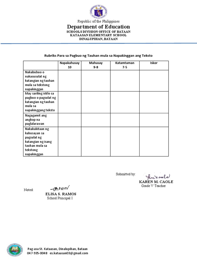 RUBRik Sa PAGbuo NG Talaan Fil Ptask 3 | PDF