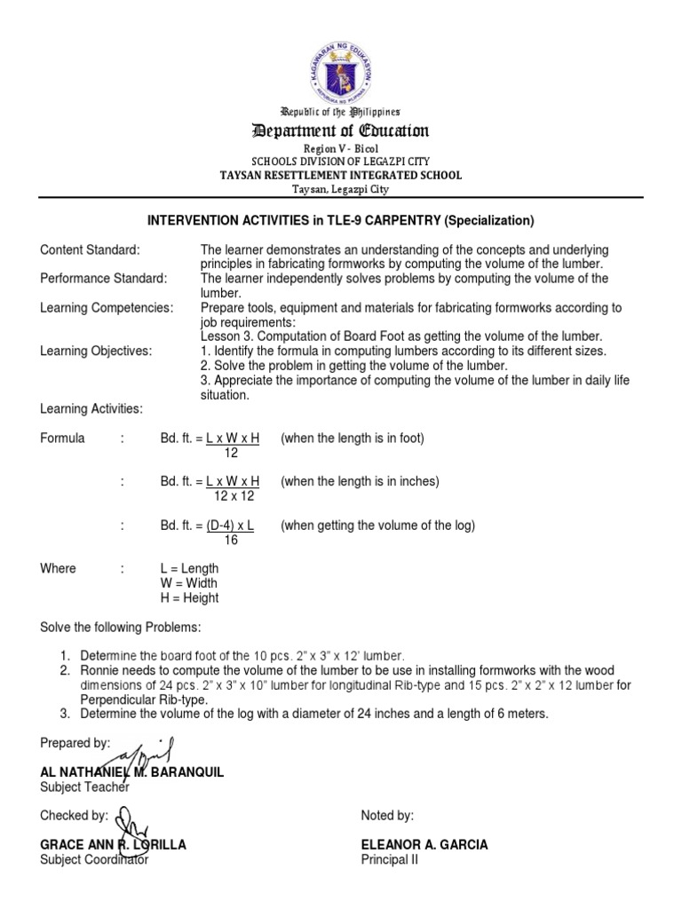 Intervention Activities in TLE-9 Carpentry LO3 | PDF | Lumber | Volume
