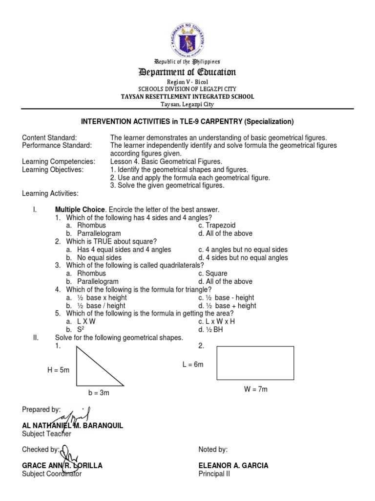 TLE-9 Carpentry: Geometrical Figures Activities | PDF | Elementary ...