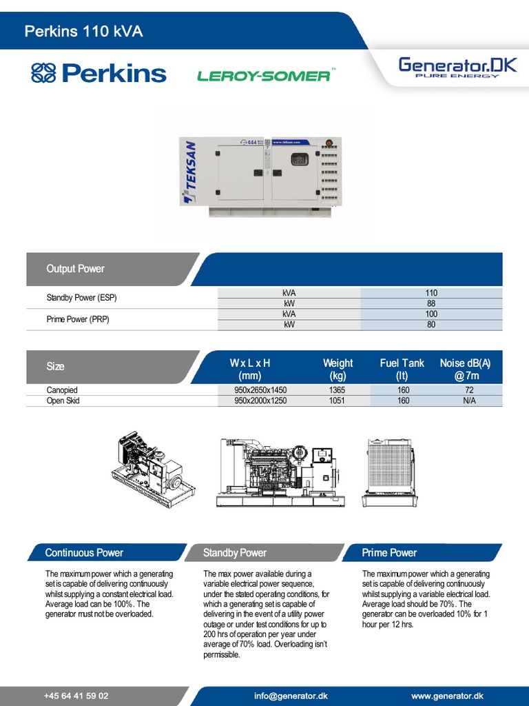 Perkins 110 Kva Datablad | PDF | Power (Physics) | Mechanical Engineering