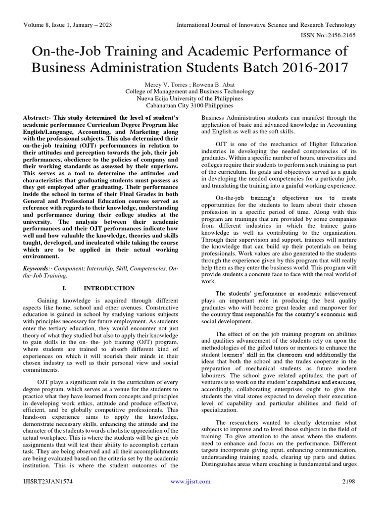 On-The-Job Training and Academic Performance of Business Administration ...