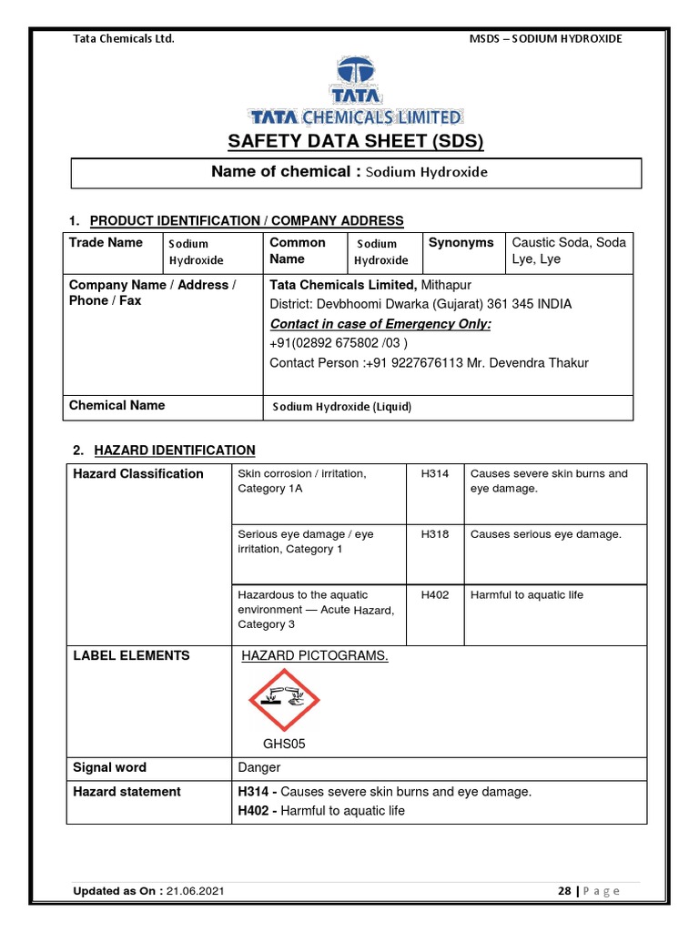 Sodium Hydroxide TCL Sds Ghs 2021 | PDF | Sodium Hydroxide | Water