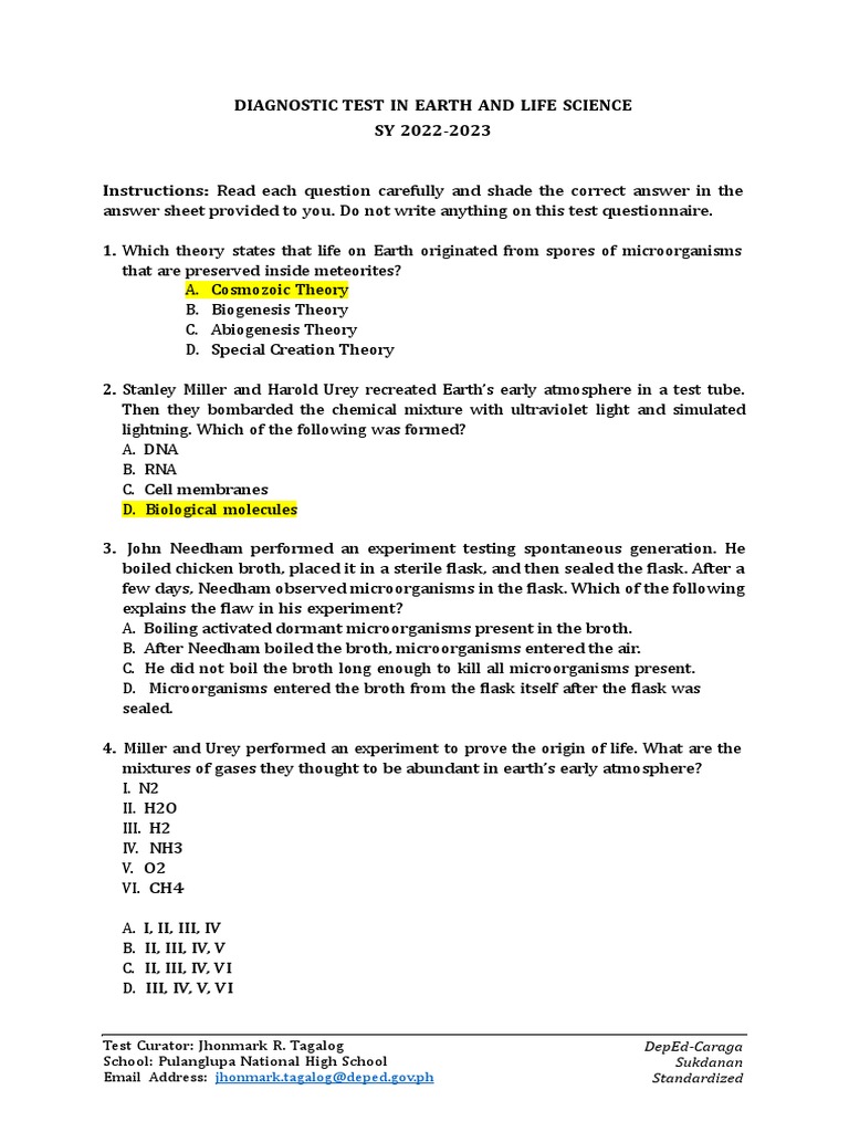 Earth and Life Science Diagnostic Test | PDF | Recombinant Dna ...