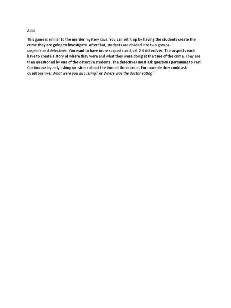 Engaging Alibi Game for ESL Students | PDF