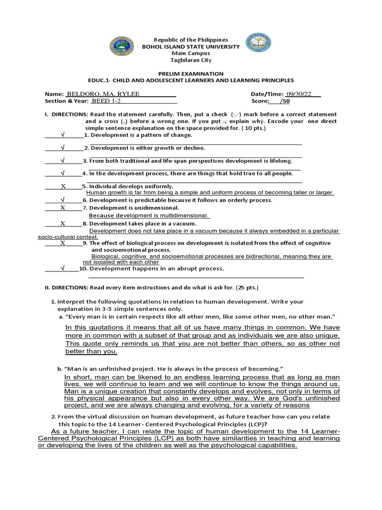 Prelim Exam Beldoro, Ma. Rylee Beed 1-2 | PDF | Developmental ...
