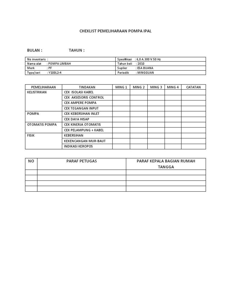 Checklist Pemeliharaan Pompa Ipal | PDF