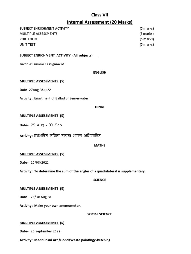 Internal Assessment Class 8 (2022-2023) | PDF