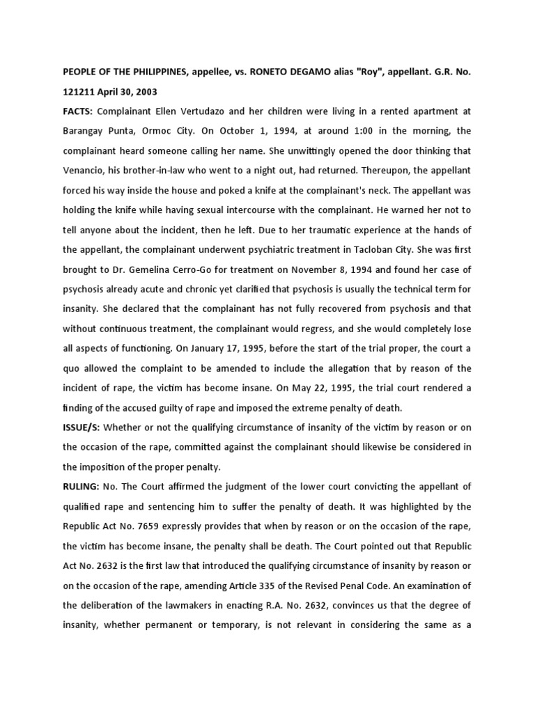 PEOPLE OF THE PHILIPPINES, appellee, vs. RONETO DEGAMO alias Roy ...