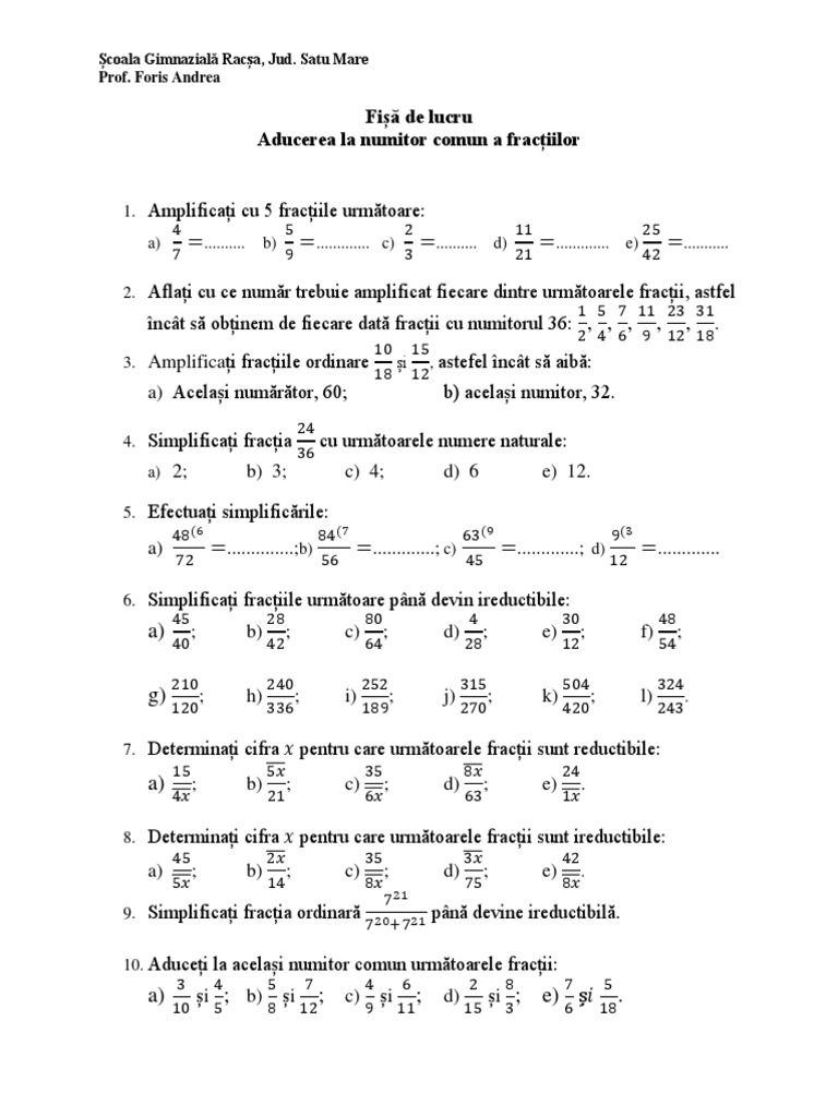 Aducerea La Numitor Comun A Fractiilor - Fisa de Lucru | PDF