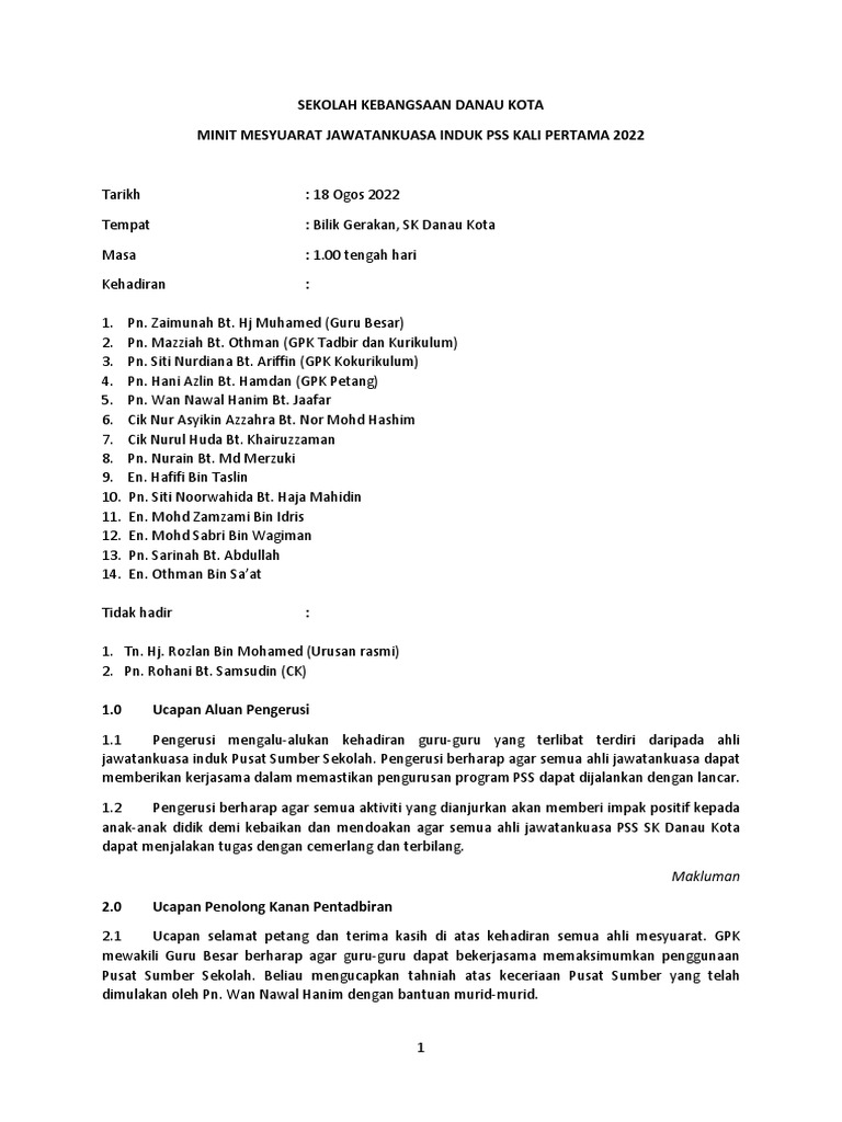 Minit Mesyuarat PSS Bil 1 2022,2023 | PDF