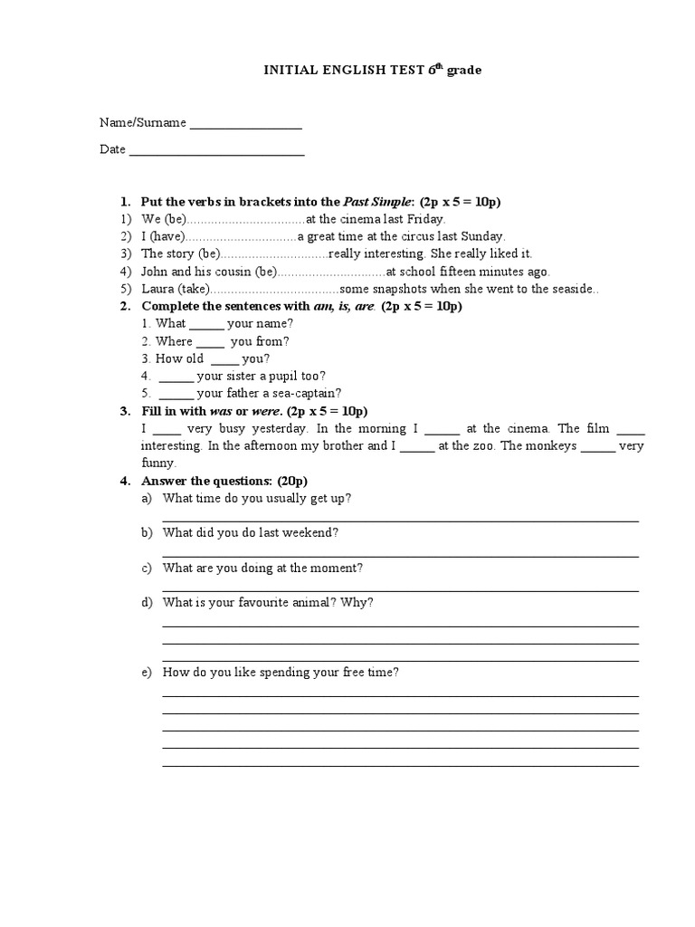 INITIAL ENGLISH TEST 6th Grade | PDF