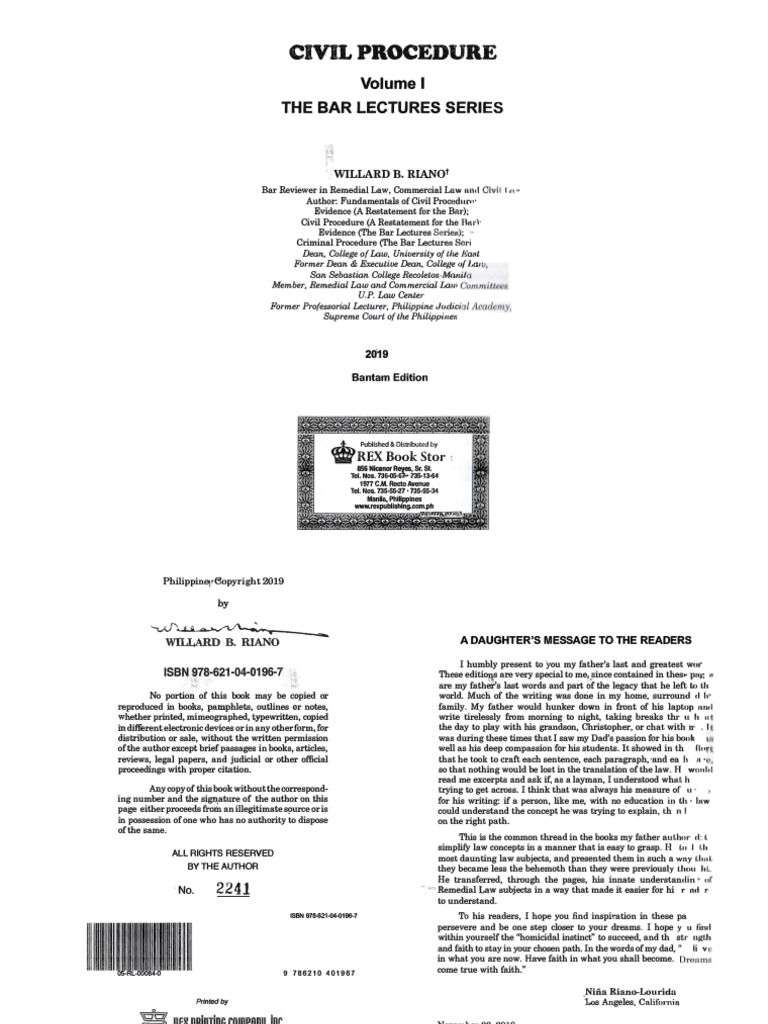 CIVPRO Riano 2019 Volume 1 | PDF | Jurisdiction | Cause Of Action