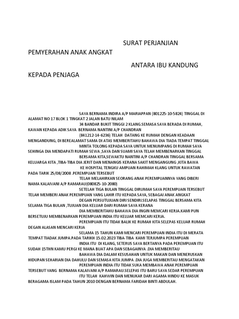 Surat Perjanjian Pemyerahan Anak Angkat | PDF