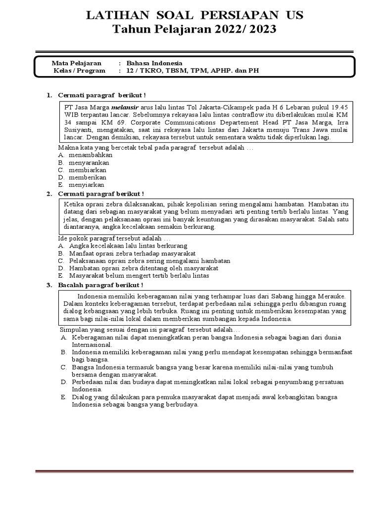 LATIHAN SOAL PERSIAPAN US - Copy, 2023 | PDF