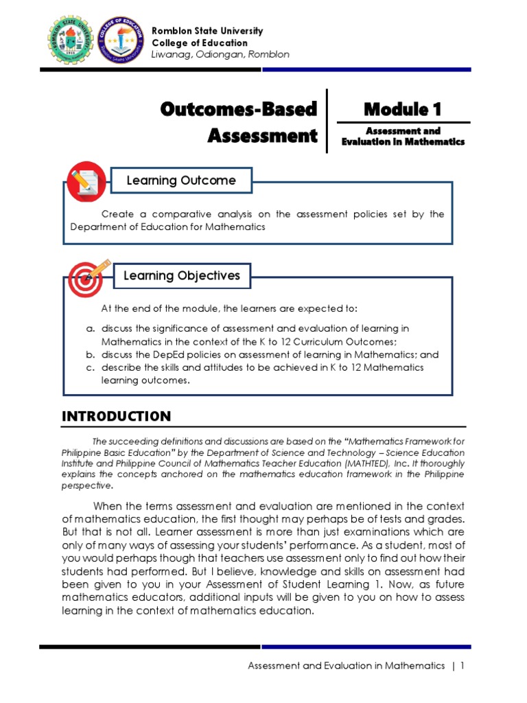 Outcomes-Based Assessment: Learning Outcome | PDF | Equations ...