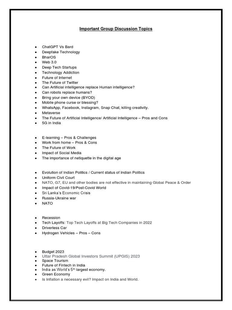 Important Group Discussion Topics Guidelines Feb 2023 | PDF | Body ...